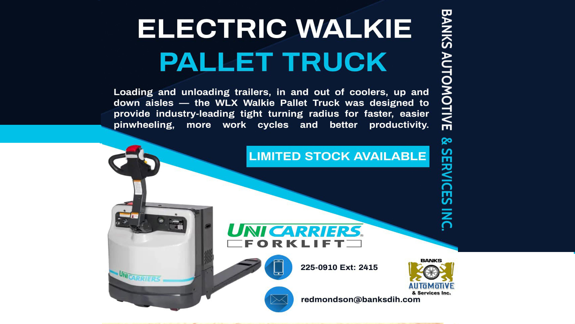 Banks Automotive - Electric Walkie Pallet Truck | Banks DIH Ltd.